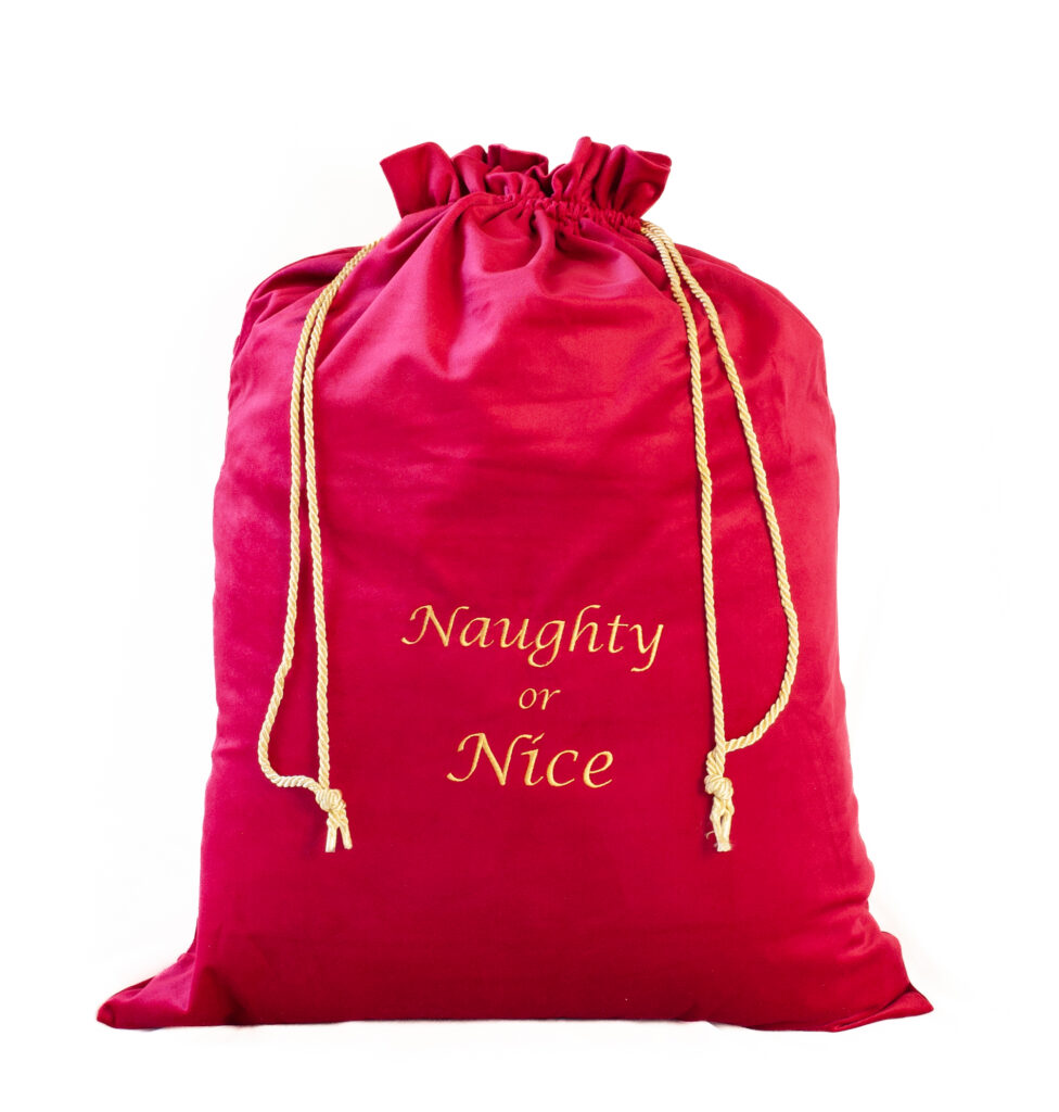 Santa Sack: Premium Velvet Naughty or Nice Embroidered - Banana Passion